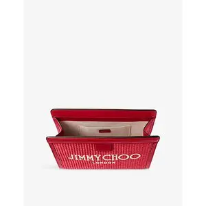 JIMMY CHOO Embroidered-logo Raffia And Leather Pouch - Ruby Red/light Gold