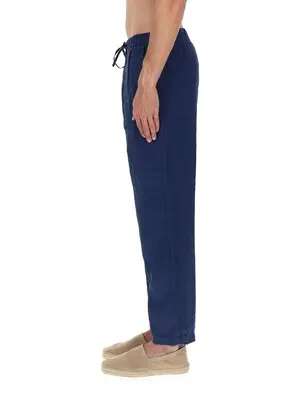120% Lino Linen Drawstring Trousers - Blue