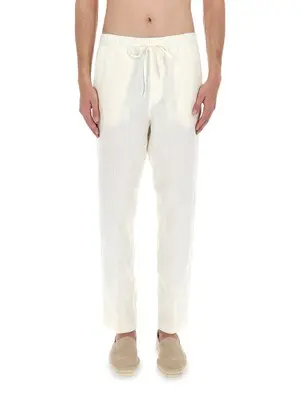 120% Lino Linen Trousers With Drawstring - Powder