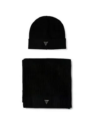 Guess Ribbed Logo Hat And Scarf Set