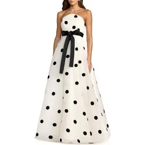 Mac Duggal Strapless Polka Dot Organza Ball Gown With Bow - Black Ivory
