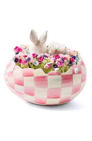 MACKENZIE-CHILDS Bubblegum Check Peekaboo Bunny Egg Figurine