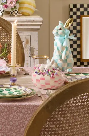 MACKENZIE-CHILDS Bubblegum Check Peekaboo Bunny Egg Figurine