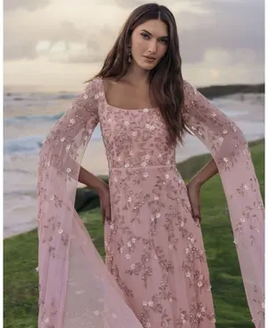 Mac Duggal Beaded Georgette Square Neck Cape Sleeve Gown - Rose