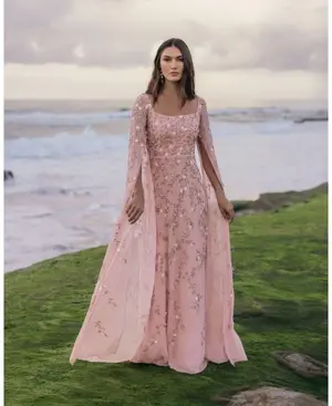 Mac Duggal Beaded Georgette Square Neck Cape Sleeve Gown - Rose