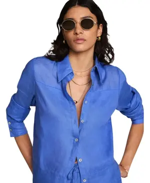 Mint Velvet Linen Button-down Shirt With Sheer Panels - Blue