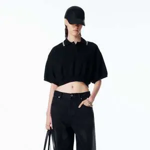 Alexander Wang Cropped Cinched Cotton Polo - Black