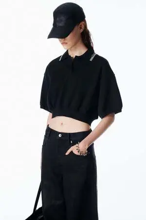 Alexander Wang Cropped Cinched Cotton Polo - Black