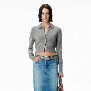 Alexander Wang Wool-blend Hotfix Polo Cardigan - Heather Grey