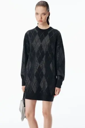 Alexander Wang Crystal Hotfix Argyle Wool-blend Dress - Graphite