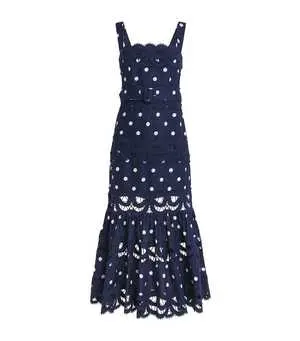 SELF-PORTRAIT Linen-cotton Polka Dot Midi Dress - Navy