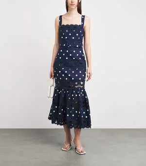 SELF-PORTRAIT Linen-cotton Polka Dot Midi Dress - Navy