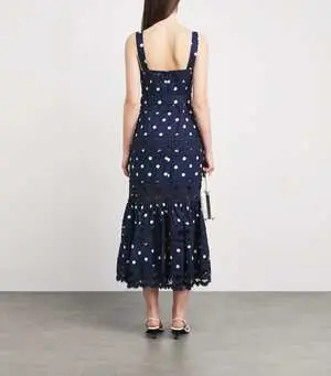 SELF-PORTRAIT Linen-cotton Polka Dot Midi Dress - Navy