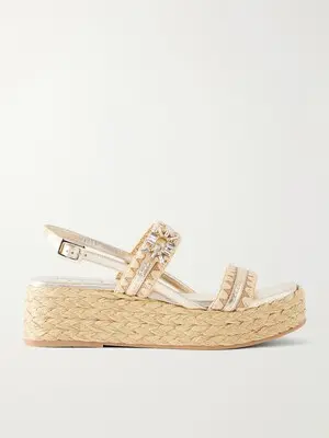 ROGER VIVIER Summer Embellished Metallic Leather-trimmed Raffia Platform Sandals - Gold
