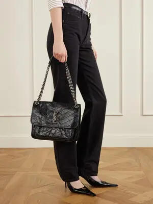 Saint Laurent Niki Medium Crinkled Glossed-leather Shoulder Bag - Black