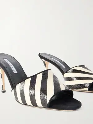 Manolo Blahnik Larache 90 Striped Elaphe Mules - Black