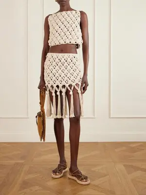 Balmain Fringed Crochet-knit Cotton Mini Skirt - Neutrals