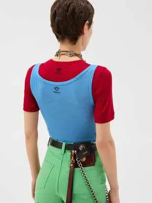 Versace Embroidered Ribbed Wool Tank Top - Blue