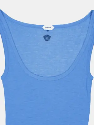 Versace Embroidered Ribbed Wool Tank Top - Blue