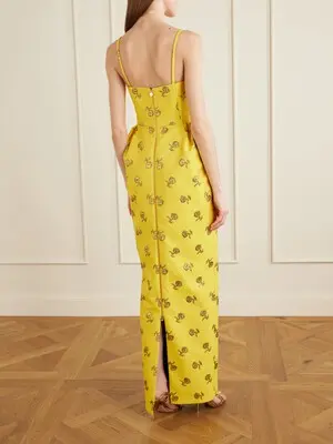 Carolina Herrera Pleated Floral-jacquard Lurex-trimmed Crepe Gown