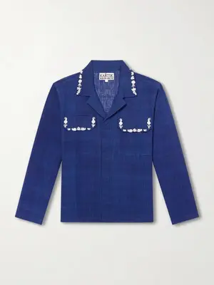 KARTIK RESEARCH Surya Camp-collar Embellished Embroidered Cotton Shirt - Blue