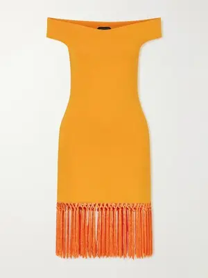 TALLER MARMO Off-the-shoulder Fringed Jersey Mini Dress - Orange