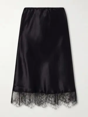 Carine Gilson Lace-trimmed Silk-satin Midi Skirt - Black