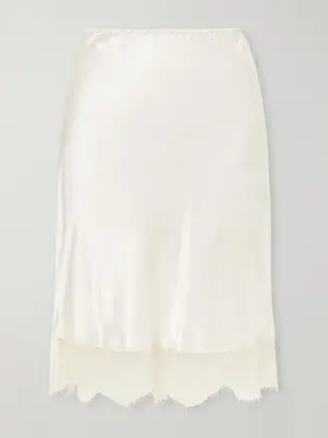 Carine Gilson Lace-trimmed Silk-satin Midi Skirt - Neutrals