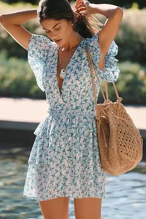 RO'S GARDEN Hunan Flutter Sleeve Mini Dress - Turquoise