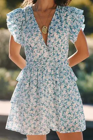 RO'S GARDEN Hunan Flutter Sleeve Mini Dress