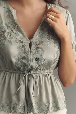 Anthropologie Embroidered V-neck Peplum Blouse