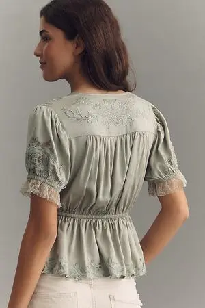 Anthropologie Embroidered V-neck Peplum Blouse