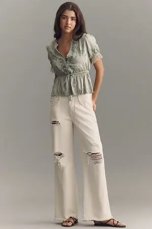 Anthropologie Embroidered V-neck Peplum Blouse
