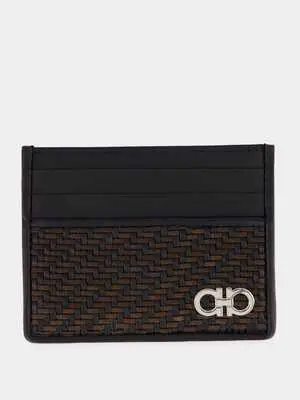 FERRAGAMO And Black Woven Leather Card Holder - Brown