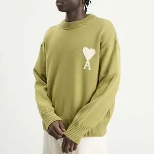 AMI Paris Crewneck Sweater With De Coeur - Matcha/ecru