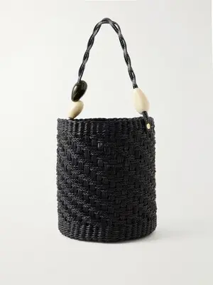 SENSI STUDIO Embellished Leather-trimmed Straw Bucket Bag