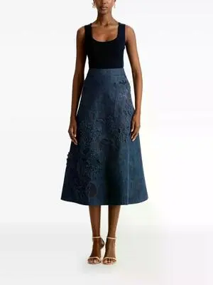 Oscar De La Renta Floral Appliqué Midi Skirt - Blue