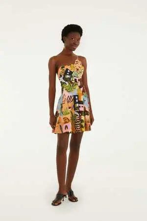 Farm Rio Multicolor Tropical Painting One-shoulder Mini Dress