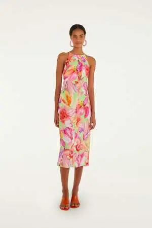 Farm Rio Multicolor Artsy Flora Linen Midi Dress - Artsy Flora Green