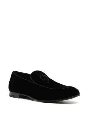 Giorgio Armani Embroidered Logo Velvet Loafers - Black