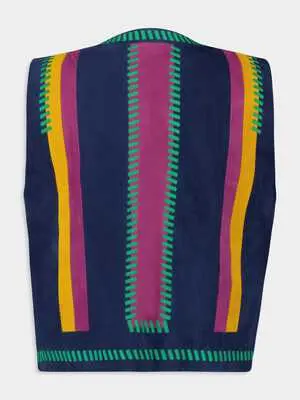 PAULA Name Pansy Estate Blue Embroidered Suede Vest - Multicolour
