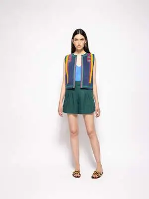 PAULA Name Pansy Estate Blue Embroidered Suede Vest - Multicolour