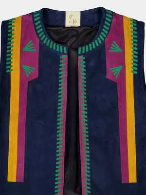 PAULA Name Pansy Estate Blue Embroidered Suede Vest - Multicolour