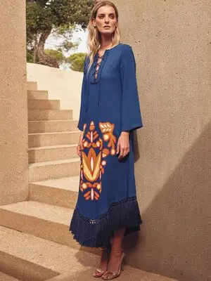 PAULA Chenille Embroidered Dress With Fringes - Multicolour