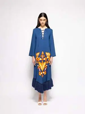 PAULA Chenille Embroidered Dress With Fringes - Multicolour
