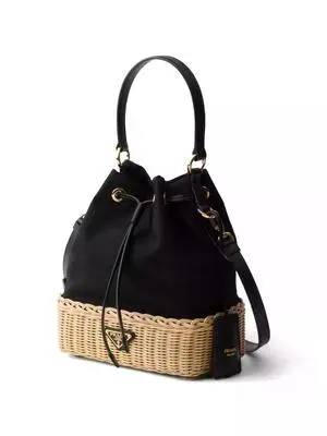Prada Wicker And Canvas Bucket Bag - Black