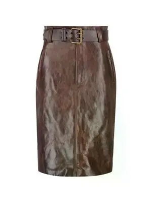 Saint Laurent Belted Leather Midi Skirt - Brown