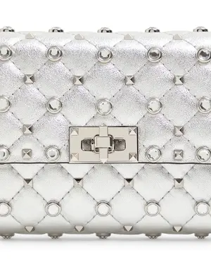 Valentino Garavani Rockstud Spike Chain Quilted Leather Crossbody Bag - Silver