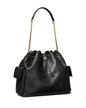 Tory Burch Charlie Large Quilted Leather Drawstring Shoulder Bag - Black