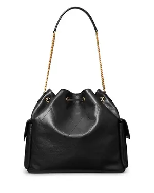 Tory Burch Charlie Large Quilted Leather Drawstring Shoulder Bag - Black
